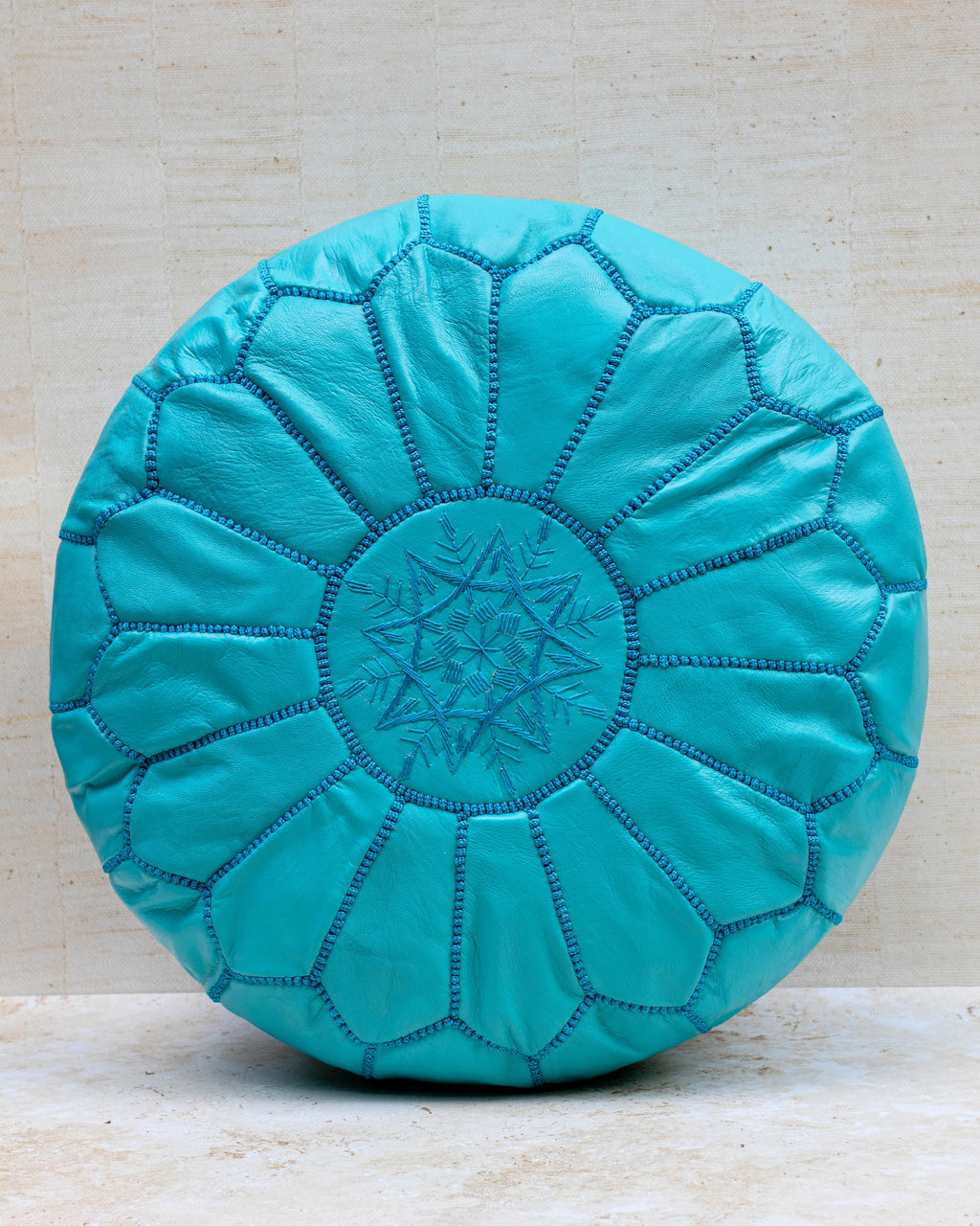 Turquoise Moroccan Leather Pouf | Handmade Ottoman | Maison Berber